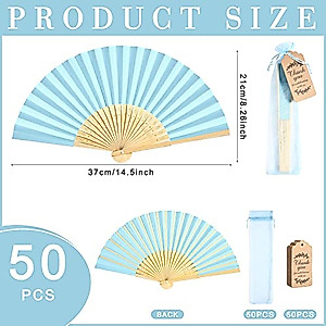 Roowest 50 Pack Handmade Paper Folding Fans with Gift Bags Thank You Card, Bamboo Handheld Folded Fan for Home DIY Office Decor Wedding Party Baby Shower Party Gift Accessories (Blue)