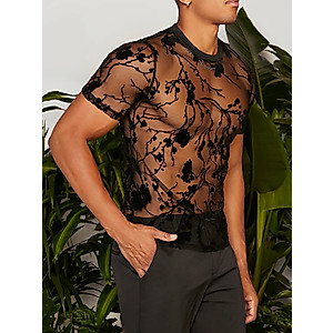 WDIRARA Men's Floral Print See Through Round Neck Short Sleeve Mesh Tshirt Party Top Black XL