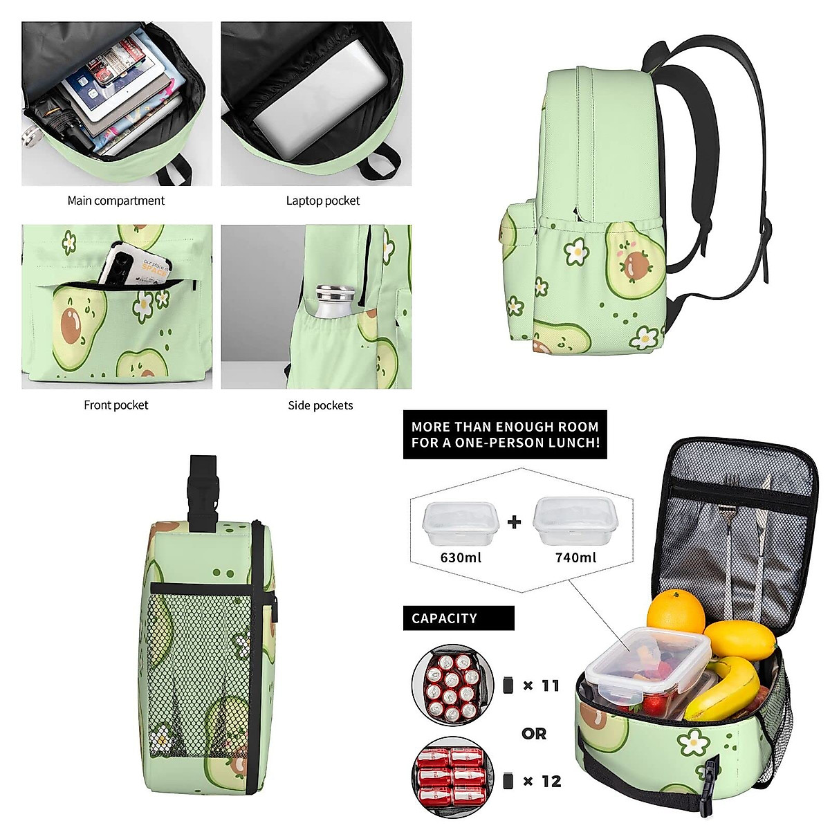 Cute Avocado Pattern Backpack 2 Piece Set Unisex Large Capacity Travel Daypack With Insulated Lunch Bag For Boys Girls School Bag