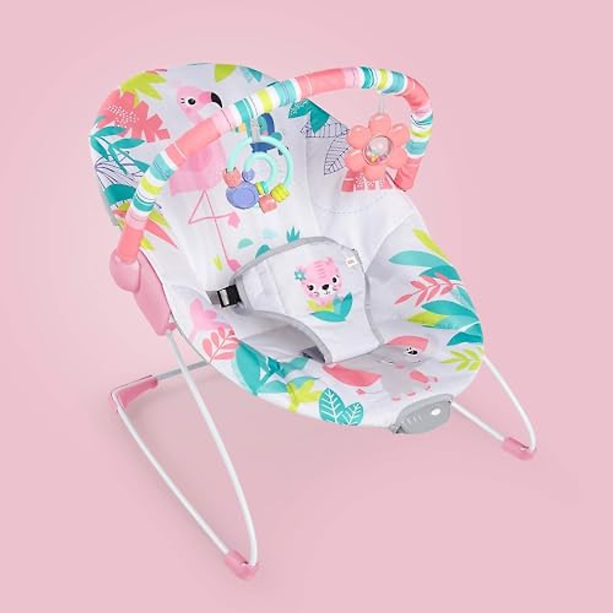 Bright Starts Baby Bouncer Soothing Vibrations Infant Seat - Removable-Toy Bar, Nonslip Feet, 0-6 Months Up to 20 lbs (Flamingo Vibes, Pink)