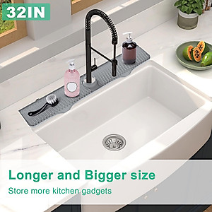 32 Inch Sink Splash Guard, Kitchen Sink Drying Mat, Countertop Faucet Drip Catcher Tray, Sponge Holder (Gray)