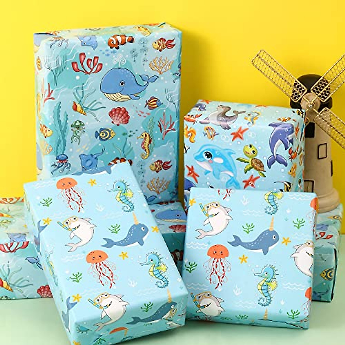 BOLIANNE Ocean Wrapping Paper - Birthday Wrapping Paper for Boys Girls Kids with Cute Whales Dolphins Fishes, 6 Large Sheets Sea Blue Gift Wrap for Baby Shower, Folded Flat, 27 X 37 Inch