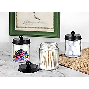 4 Pack Apothecary Jars Bathroom Vanity Storage Organizer Set -Countertop Canister with Stainless Steel Lids &Cute Stickers - Qtip Dispenser Holder for Qtips,Cotton Swabs,Makeup Sponges(Black)