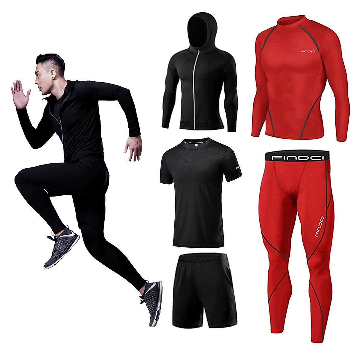 5PCS/Set Men Workout Suit Outfit Fitness Apparel Gym Outdoor Running Compression Pants Shirt Top Long Sleeve Jacket (10,S)
