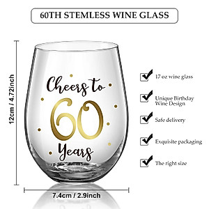 Birthday Stemless Wine Glass, Gold Birthday Wine Glass Present for Men Women Birthday Party Wedding Anniversary Decorations, 17 oz Stemless (Cheers to 60 Years)