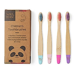 Wild & Stone Organic Children's Bamboo Toothbrush | 4 Pack Candy Colour | Soft Fibre Bristles | 100% Biodegradable Handle | BPA Free | Vegan Eco Friendly Kids Toothbrushes