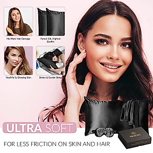 Mulberry Silk Pillowcase for Hair and Skin with Hidden Zipper, 22 Momme 100% Real Silk Pillow Case with Sleep Mask, Premium Grade 6A Silk Promotes Soft Skin, 900 Thread Count (Black, Queen)