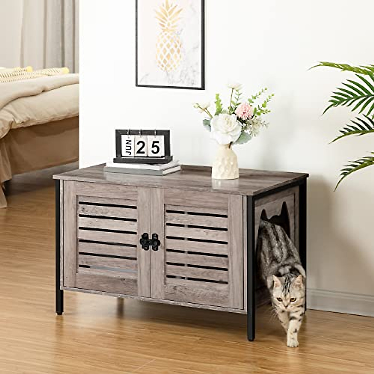 HOOBRO Cat Litter Box Enclosure, Hidden Litter Box Furniture with Shutter Door and Cat Head Mat, Cat Entrance Can Be on Left or Right, Cat Washroom Fit Most of Litter Box, Greige BG06MW01