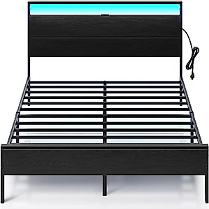 Rolanstar Bed Frame with Charging Station, Queen Bed Frame with LED Lights Headboard, Metal Platform, Strong Metal Slats Support, 10.2” Under Bed Storage Clearance, No Box Spring Needed, Noise Free