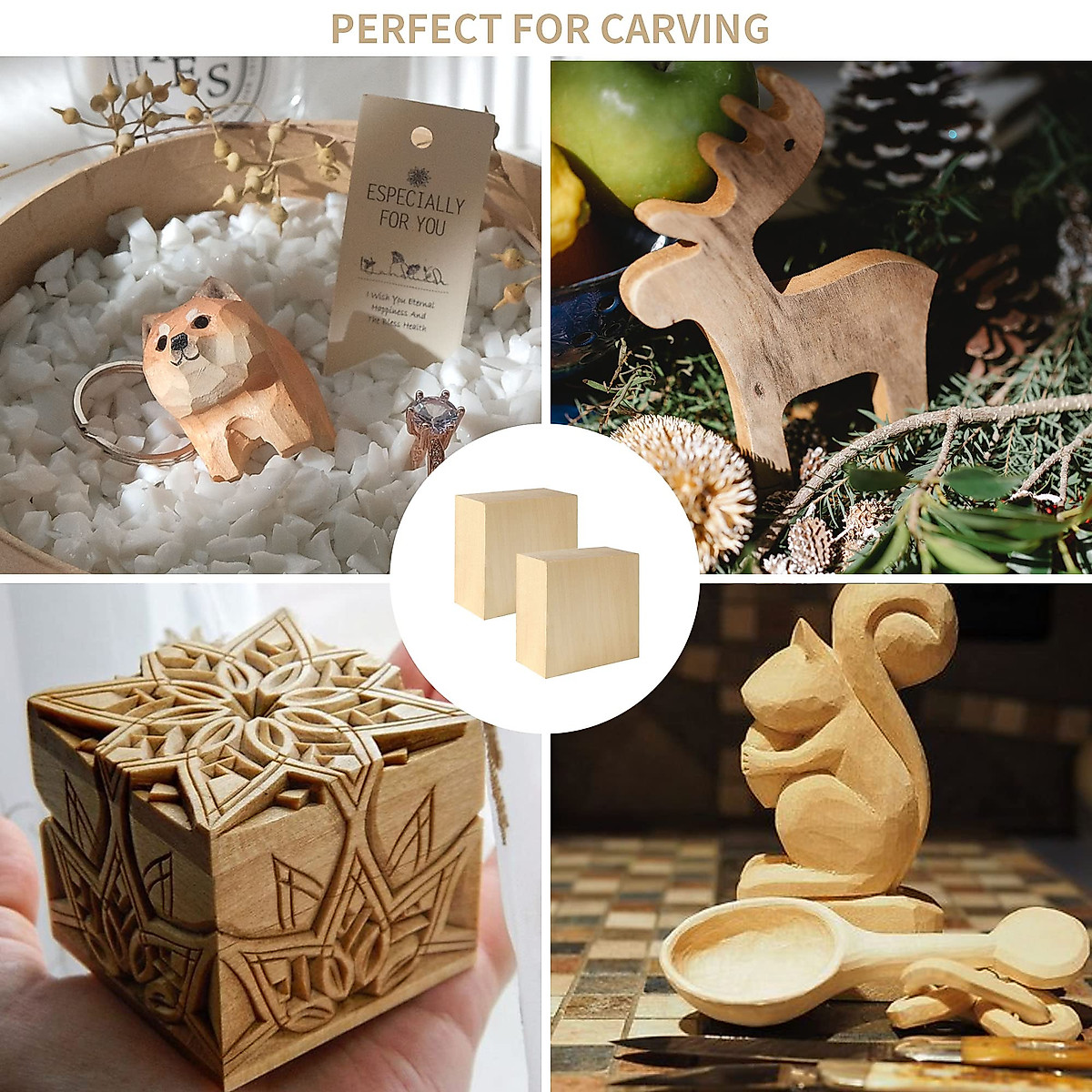 6 Pack Unfinished Wood Blocks for Crafting, 4x4x2 Inch Squares Basswood Blocks for Carving, Wood Blocks for Crafts, Basswood Carving Blocks for Class, Home DIY