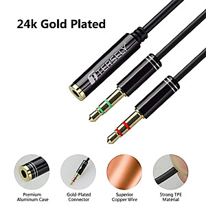 T Tersely Headphone 3.5mm Splitter Mic Cable for Computer, Headset 3.5mm Female to 2 Dual Male Microphone Audio Stereo Jack Earphones Port Connector to Gaming Speaker PC Adapter