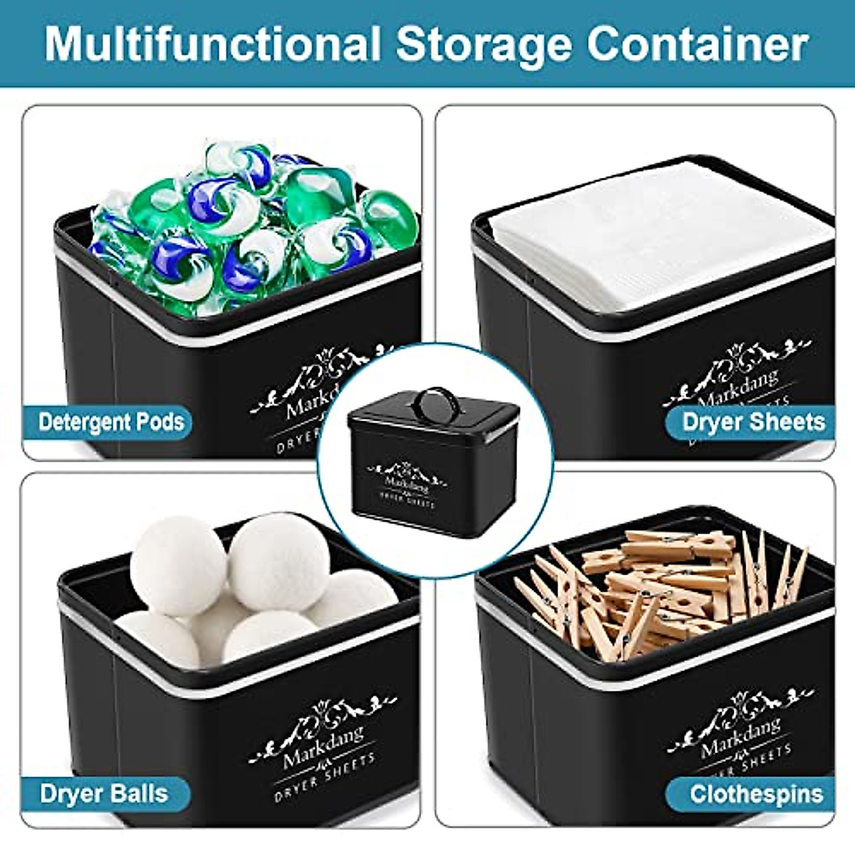 Markdang Dryer Sheet Holder Dispenser with Lid for Laundry Room Organization Modern Farmhouse Metal Magnetic Dryer Sheet Container for Laundry Room Decor and Accessories (Black)