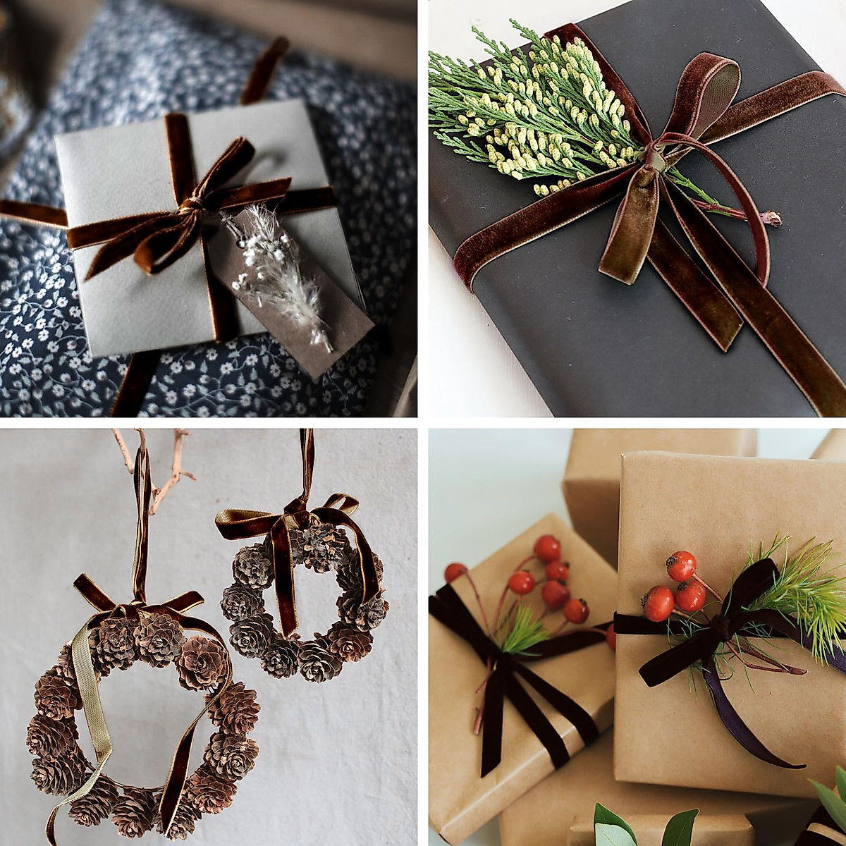 BokingOne Brown Velvet Ribbon, 3/8 Inch X 30Yds Single Face Velvet Ribbon for Gift Wrapping, Christmas Wrapping Bows, Wedding Decor, Home Decorating, DIY Crafts Decor