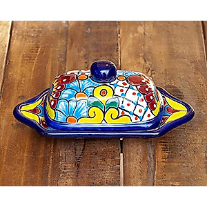 Enchanted Talavera Pottery Hand Painted Ceramic Butter Dish Kitchen Butter Holder Spanish Hand Painted Floral Design (Cobalt Blue Multi)