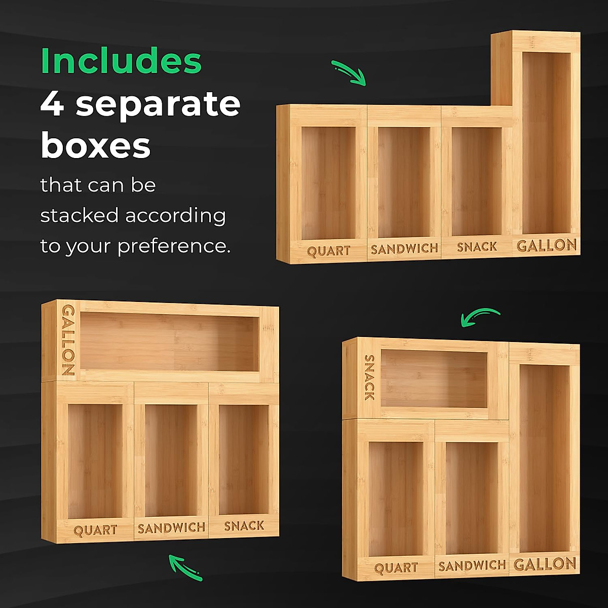 Magic Mill Ziplock Bag Organizer for Drawer | Bamboo Kitchen Storage Organization, Eco-Friendly Plastic Baggie Holder, Dispenser & Organizer for Ziploc Bags 4-PC