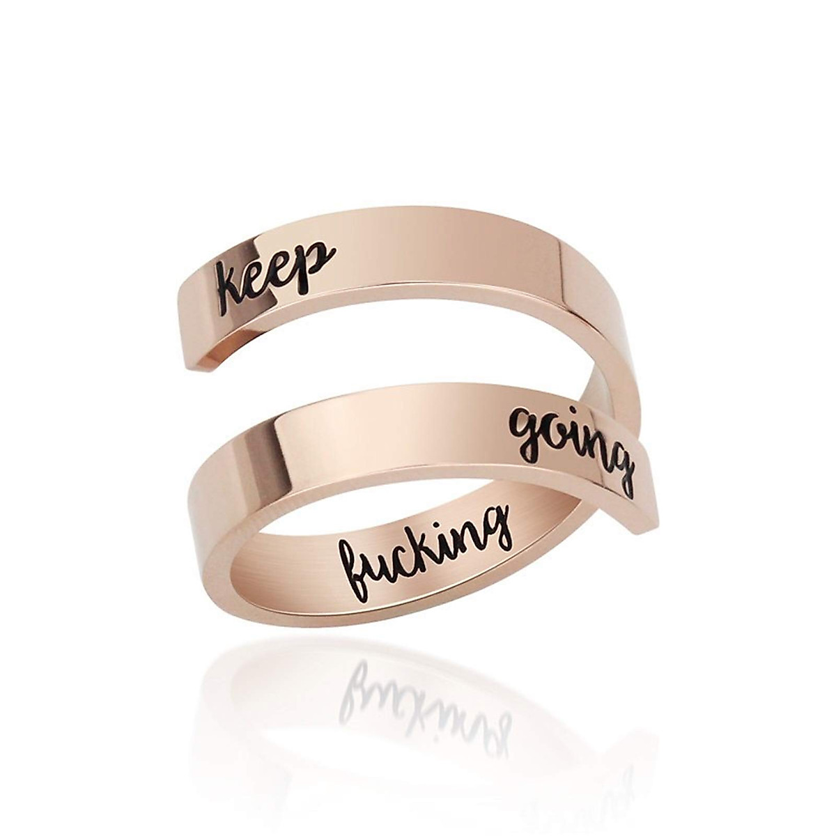 AILUOR Silver Keep Going Ring, Stainless Steel Inspirational Rings Jewelry Engraving Size Adjustable Bands Cool Personality Encouragement for Women Men Statement Ring (Keep fucking going Rose gold)