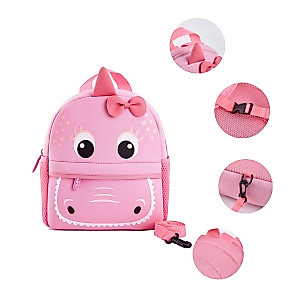 KK CRAFTS Preschool Toddler Backpack with Leash, 3D Cute Cartoon Neoprene Animal Schoolbag for Kids Boys Girls（Pink Dinosaur）