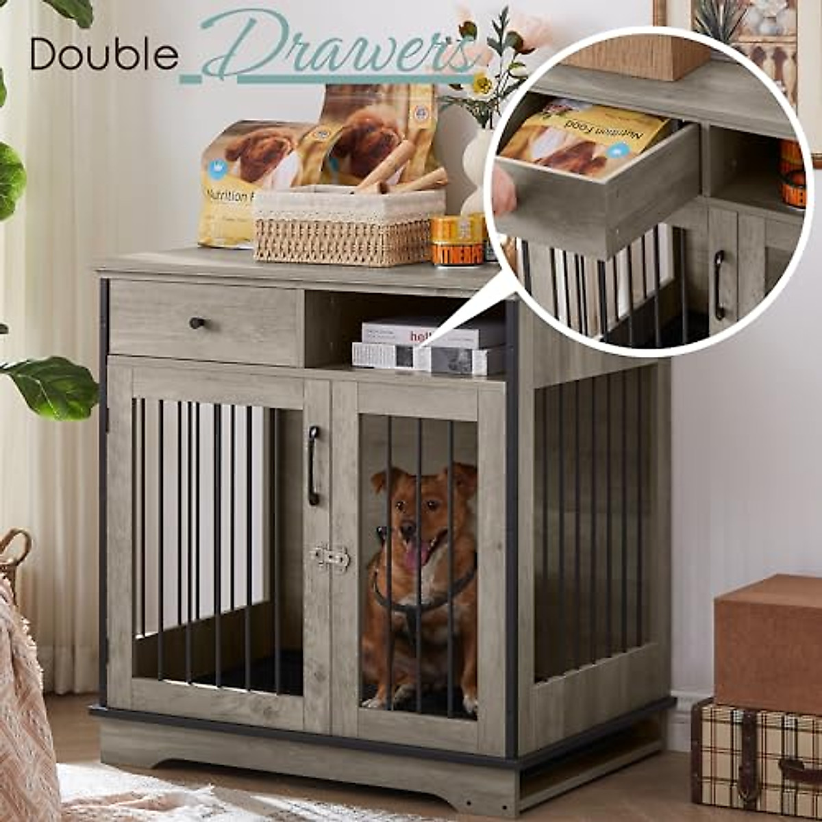 DOSSMBOLA 32'' Wooden Dog Crate Furniture for Medium Small Dogs, Dog Kennel Dog Crate with Pull-Out Tray, Storage Drawer, End Table Dog Cage - Gray