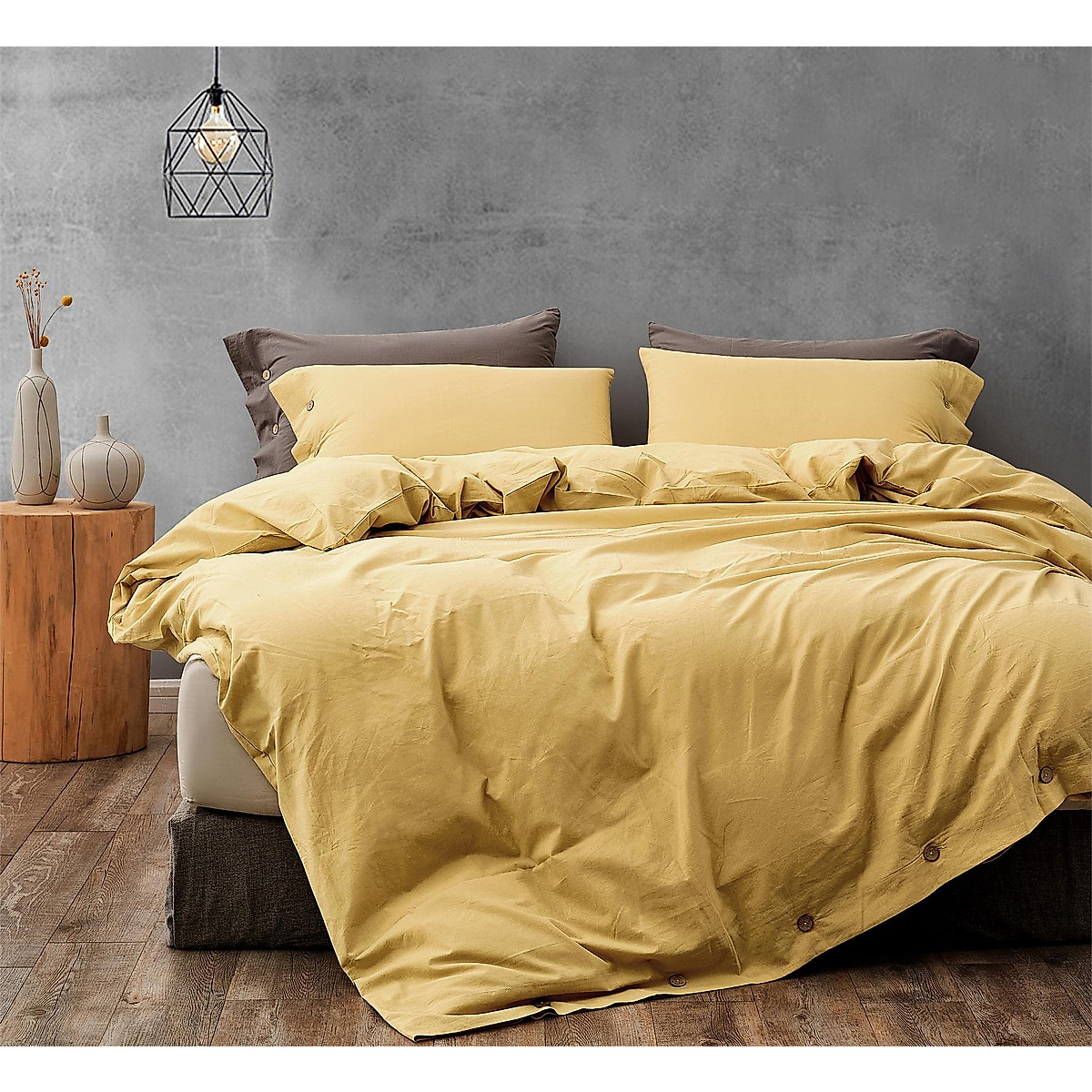 Melingo Mustard Yellow Duvet Cover Twin Size - Cotton Twin Duvet Cover Set, 1 Comforter Cover 68x90 Inches with Button Closure and 1 Pillow Shams (No Comforter)