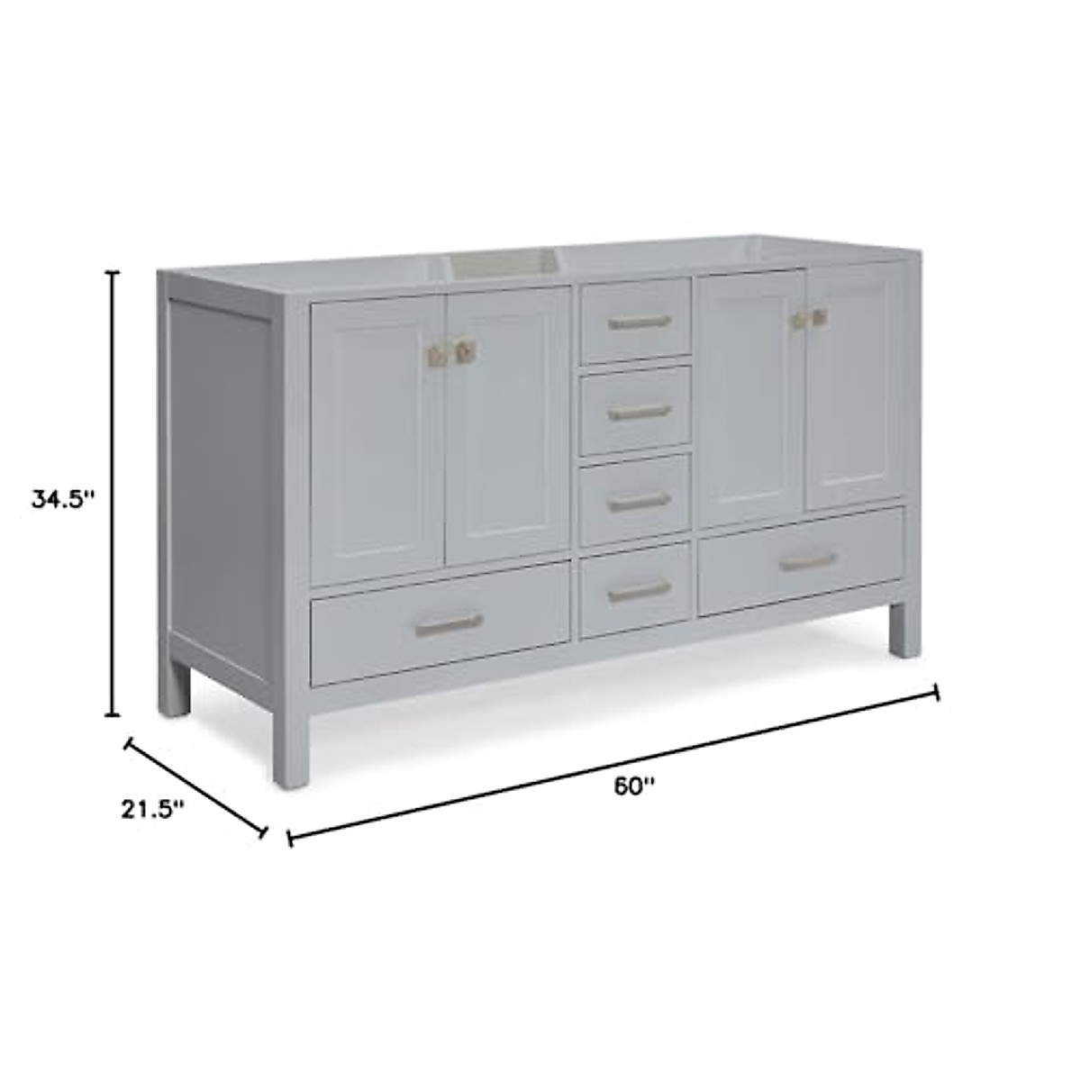 ARIEL 60" Grey Double Bathroom Vanity Base Cabinet, Double Sink Configuration, 4 Soft Closing Doors, 6 Full Extension Dovetail Drawers, Brushed Nickel