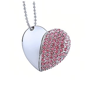 WooTeck 64GB Crystal Loving Heart Jewelry USB Flash Drive Pendrive with Necklace,Pink