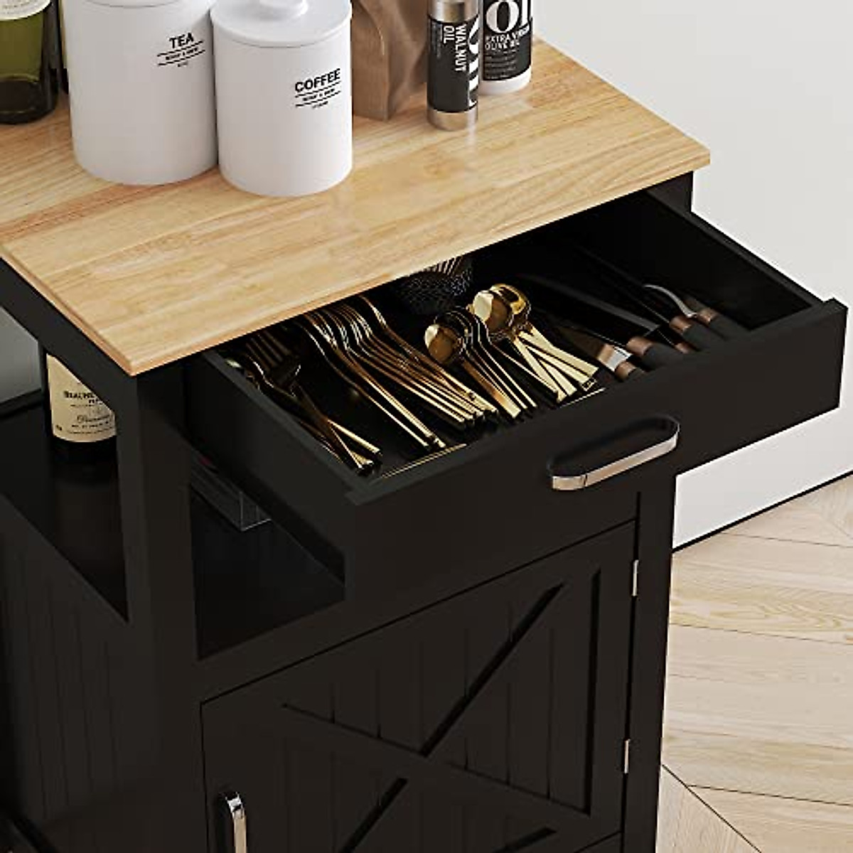 Rolling Kitchen Island Cart with Storage, Farmhouse Kitchen Cart on Wheels, Kitchen Cabinet with Barn Door and Drawer for Dining Room, Wood Top & Side Hooks, 36” H, Black