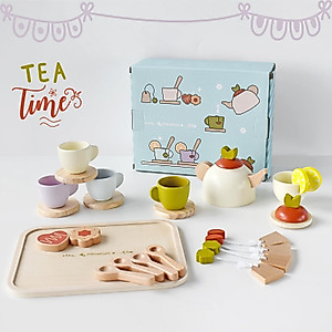Pillowhale Wooden Toys Tea Party Set,Tea Set for Little Girls,Toddler Tea Set,Kids Play Kitchen Accessories,Play Food for Toddlers Boys Girls Ages 3+