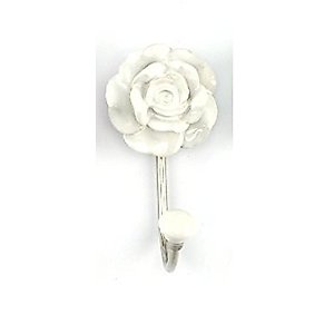 Maithil Art Set of 2 Rose Flower Ethnic Ceramic Key Hat Coat Hook Wall Decor Hook (White)