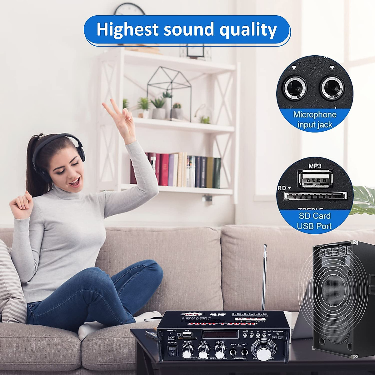 Etlephe 298A Mini Bluetooth 5.0 Stereo Amplifier,Amplifier home Audio,Audio Receiver,300W+300W 2 Channel Power Sound Receiver/USB,SD Card,FM Radio,2 Mic for Home Speakers & Theater System-12V 110V