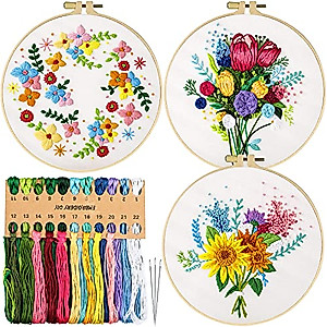 TEASIK Embroidery Kit for Beginners, 3 Sets Embroidery Kit for Art Craft Handy Sewing Include Embroidery Clothes with Pattern,Embroidery Hoops, Instructions,Color Threads Needle Kit