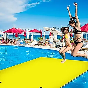 GYMAX Floating Water Pad, 9'/18' x 6' Water Foam Mat with Rolling Pillow, 3-Layer Floating Island for Pool River Lake Beach Ocean Water Activities (Yellow, 9 Feet)