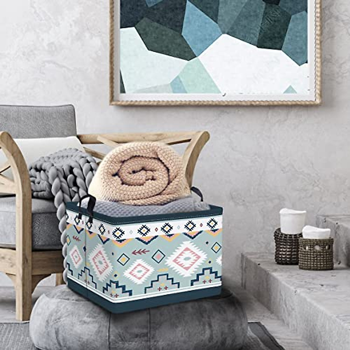Clastyle Rectangle Blue Boho Clothes Storage Baskets Collapsible Waterproof Geometric Storage Bin for Living Room, 15.7 * 11.8 * 11.8 in