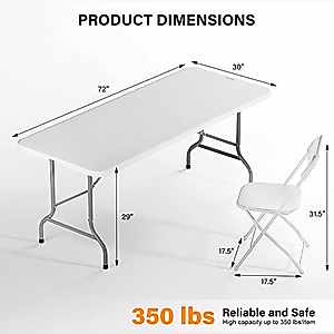 VINGLI 6 FT Plastic Folding Table Set with 8 White Folding Chairs for Picnic, Event, Training, Outdoor Activities, at Home and Commercial Use