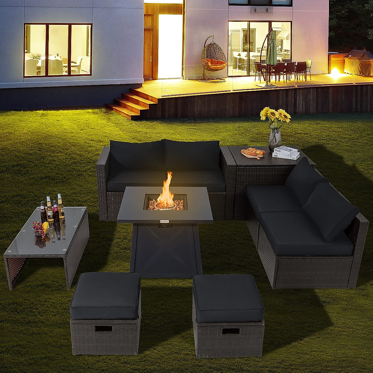 Tangkula 9 Pieces Patio Furniture Set with 30” Propane Fire Pit Table, Outdoor PE Wicker Sectional Sofa Set with Storage Box, 50,000 BTU Gas Fire Pit Table with 2 Protective Covers (Black)