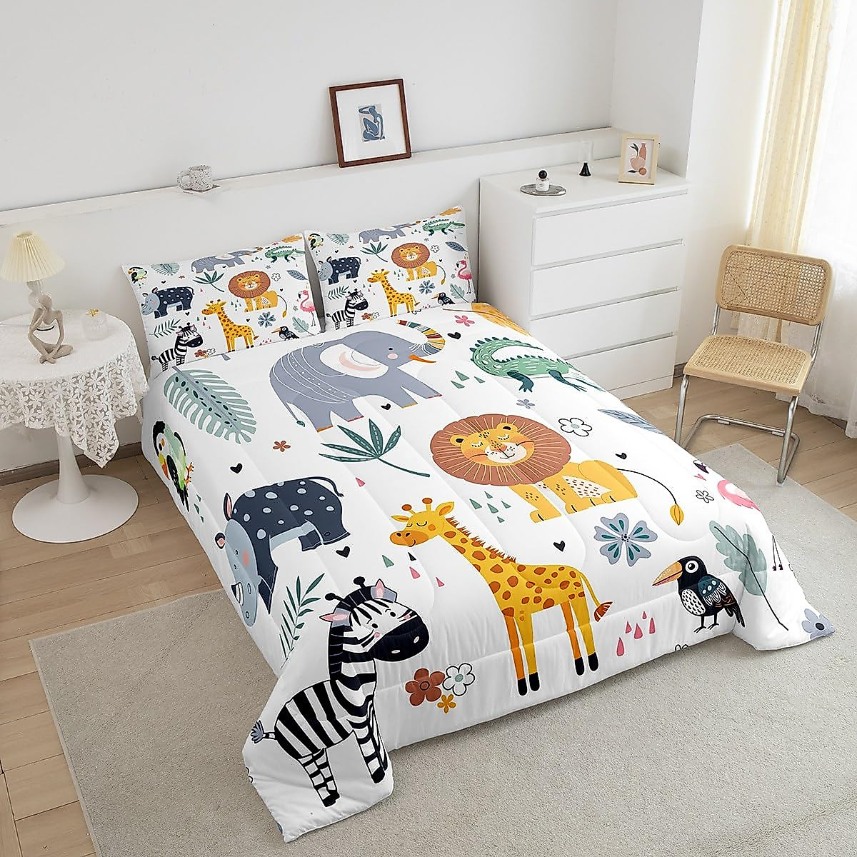 Feelyou Kids Zoo Animal Comforter Set Cute Wild Animals Bedding Set Cartoon Safari Wild Print Comforter for Boys Girls Children Teens Bedroom Decor Exotic Natural Theme Duvet Set Twin Size