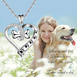 EUDORA 925 Sterling Silver Necklace Cute Dog Paws with Bone, Heart Shape Pendant 18", Gift for Dog Owner