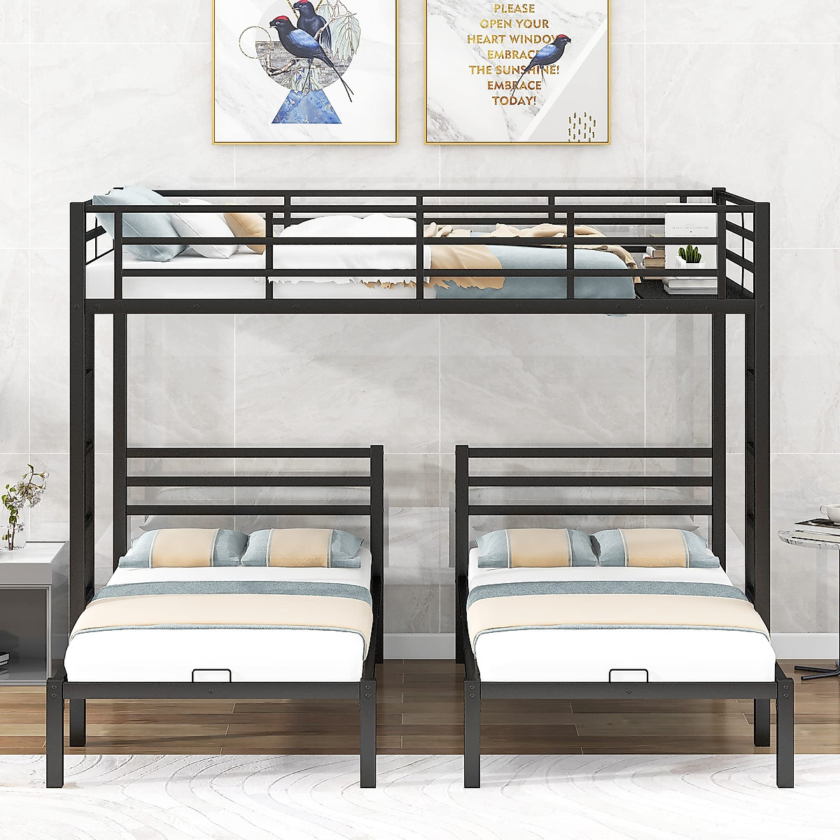 Triple Bunk Bed for 3, Full Over Twin&Twin Bunk Bed with Built-in Shelf, Ladder and Full-Length Guardrails, Heavy Duty Metal Triple Bunk Beds for Kids, Boys, Girls, Teens & Adults