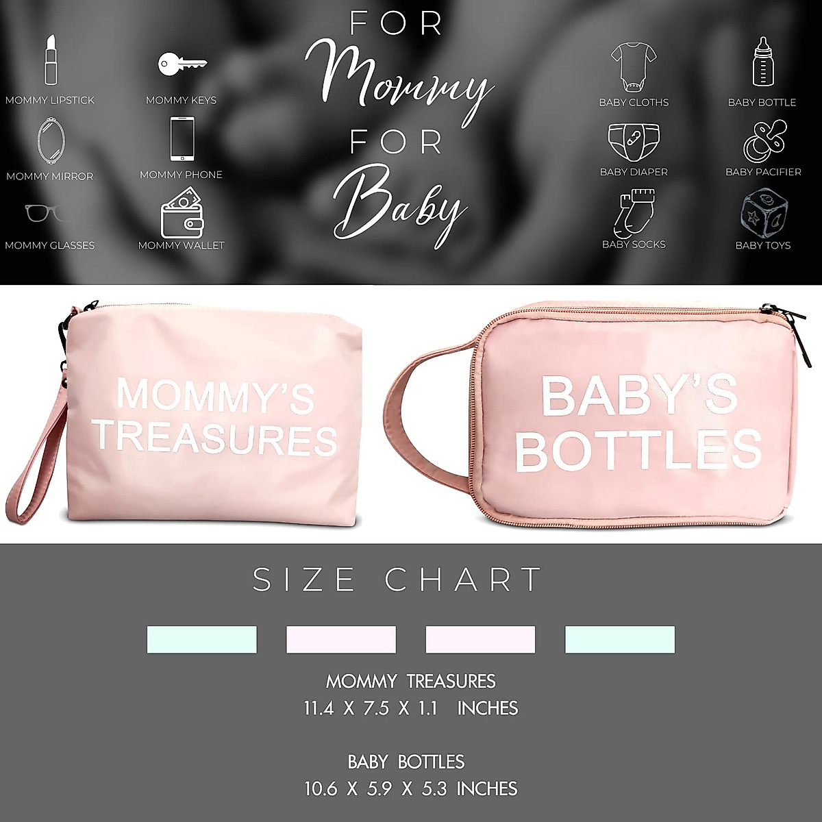 3 Set Diaper Tote, Bag for Overnight, Travel & Maternity, Waterproof XL Stroller Bag with Hook, Changing Pad & Burp Cloth Pink/White