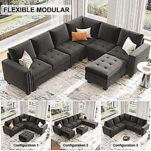 Belffin Velvet Modular Sectional Sofa with Storage Ottoman 6 Seater L Shaped Sectional Modular Sofa Couch with Reversible Chaise Convertible Corner Sectional Couch Grey