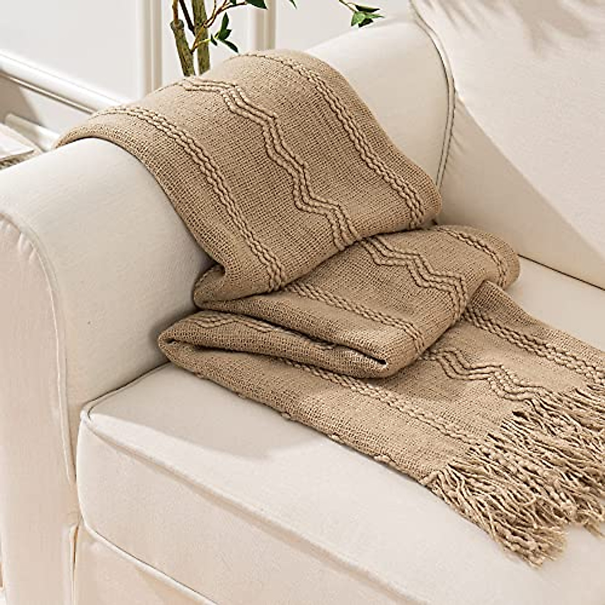 BATTILO HOME Tan Throw Blanket for Bed, Boho Decorative Tan Blanket for Couch, Taupe Throw Blanket for Home Decor, 50"x60"