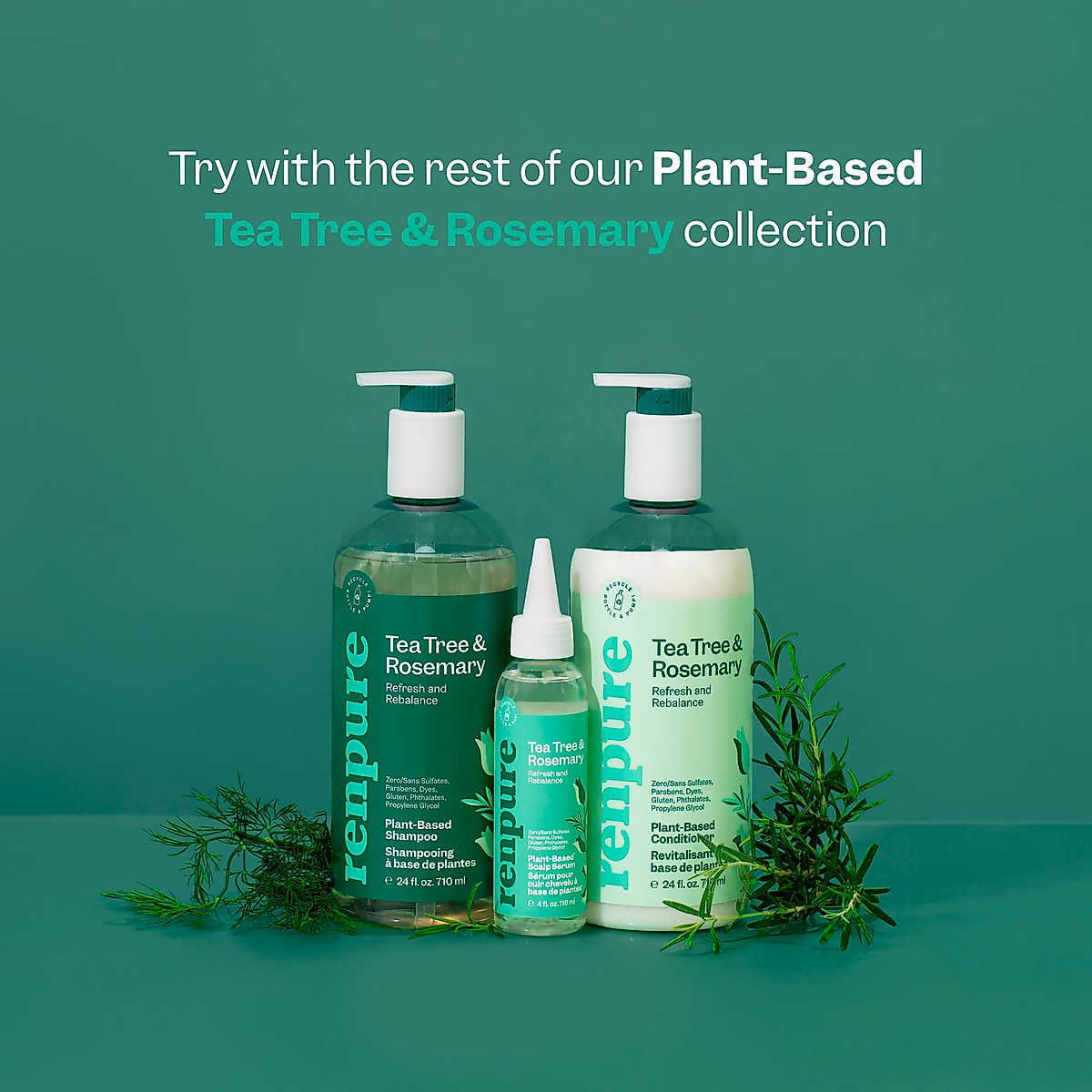 Renpure Plant Based Tea Tree and Rosemary Refresh and Rebalance Shampoo - Soothes Dry Scalp - Delivers Moisture and Shine - Rids Hair of Grime - Dye Free - Recyclable, Pump Bottle Design - 24 fl oz