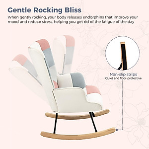 Tatub Rocking Chair Nursery, Upholstered Rocking Chair Indoor with High Backrest and Wooden Base, Modern Glider Chair for Nursery, Living Room, Bedroom, Office （Patchwork Linen Pink）