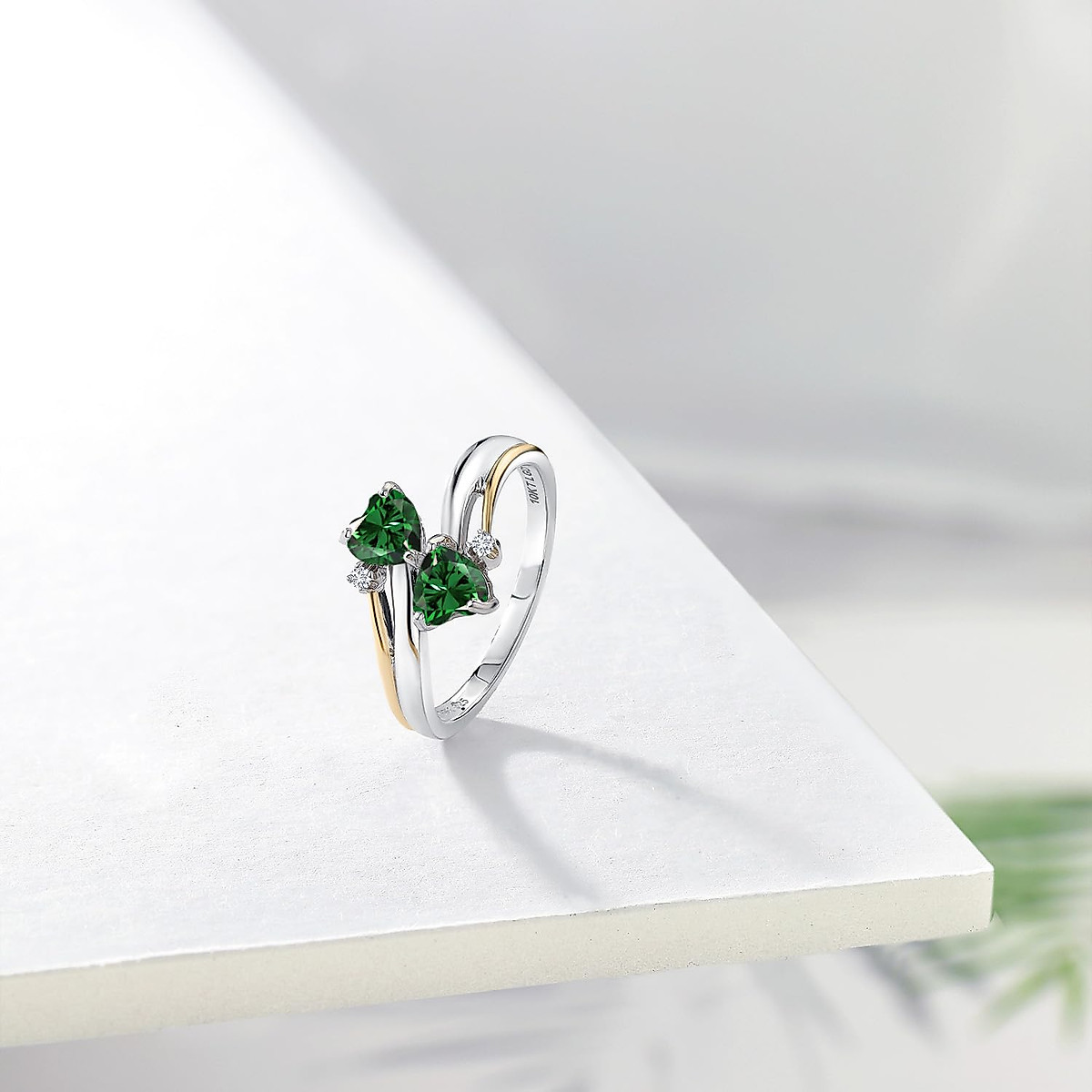 Gem Stone King 1.02 Ct Green Nano Emerald 925 Silver and 10K Yellow Gold Lab Grown Diamond 2 Heart Promise Couple Engagement Mother Ring (Size 9)
