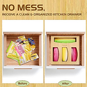 Ziplock Bag Storage Organizer, Bamboo Baggie Organizer for Drawer, Kitchen Food Storage Bag Holder Dispenser, Plastic Sandwich Bag Container Wall Mount Wrap Dispenser for Gallon, Quart, Snack, Candy