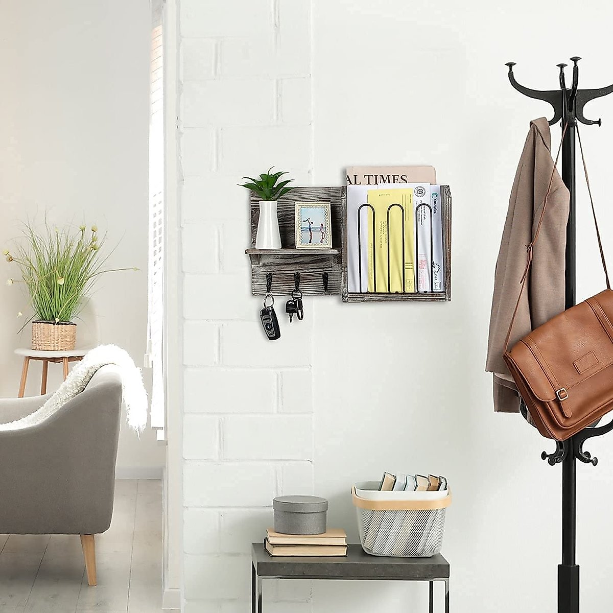 J JACKCUBE DESIGN Wall Mounted Rustic Wood Key & Mail Sorter Organizer with 3 Key Hooks and Shelf - for Entryway or Mud Room – Holds Documents, Bills, Letters, Keys and More- MK232A