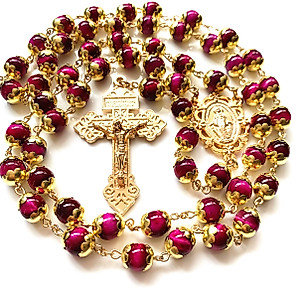 elegantmedical HANDMADE Red Tiger Eye Prayer Beads Catholic Rosary Necklace Gift Box Italy Crucifix Gold (red)
