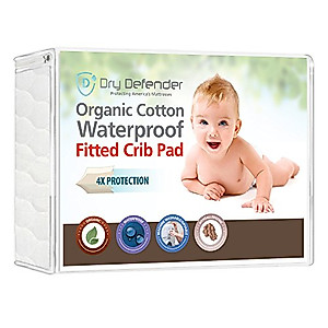 Organic Cotton Waterproof Fitted Crib Pad - Natural Baby Crib Mattress Cover & Protector - Unbleached, Non-Toxic & Hypoallergenic (28" x 52" x 7")