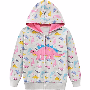 DDSOL Toddler Little Girl Zip Up Hoodie Grey Dinosaur Jacket Zipper Hooded Sweatshirt Long Sleeve Shirt Coat Outwear Cotton Kid Pullover Top Spring Fall Winter Clothes for Baby Size 5T