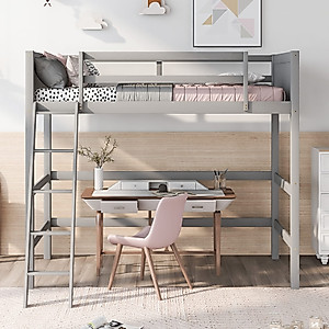 Harper & Bright Designs Twin Loft Bed Wood Loft Bed Frame with Full-Length Guardrails and Angel Ladder for Kids Boys Girls Teens, Gray