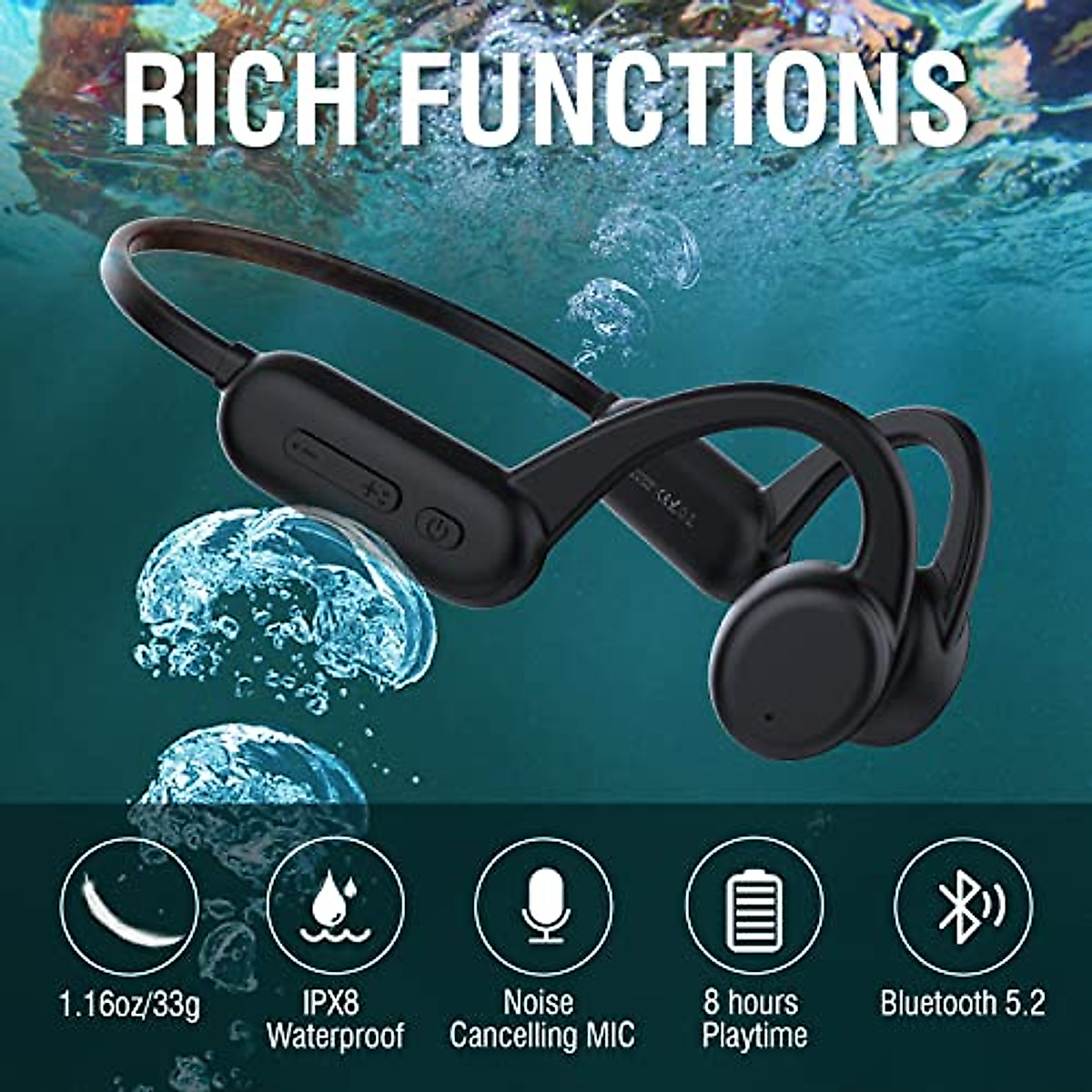 Swimming Bone Conduction Headphones Open Ear Wireless eadphones Bluetooth with Mic MP3 Player Built-in 8G Memory IPX 8 Waterproof Sport Headsets for Running Walking Bicycling Working Gym(Blue)